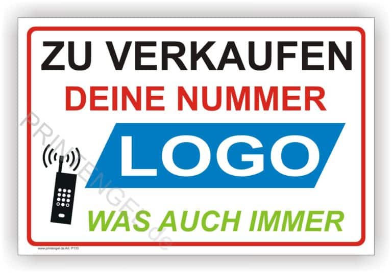 Schild zu verkaufen, individuell Text, Logo, Telefonnummer - PrintEngel