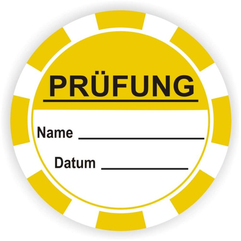Prüfplaketten -Prüfung- mit Beschriftungsfeld Datum und Name Farbe gelb - PrintEngel
