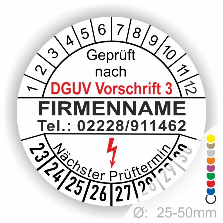 Prüfplaketten DGUV Vorschrift 3 mit Firmenaufdruck - PrintEngel